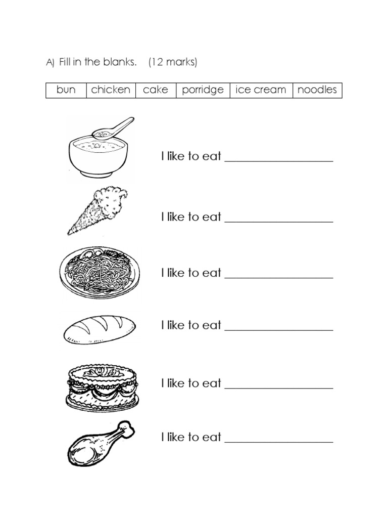 Kindergarten Food Fill-in Worksheet | PDF