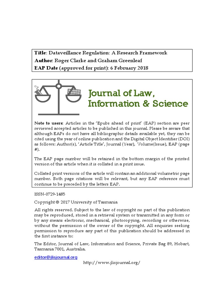 Dataveillance Regulation: A Research Framework, Roger Clarke and Graham ...