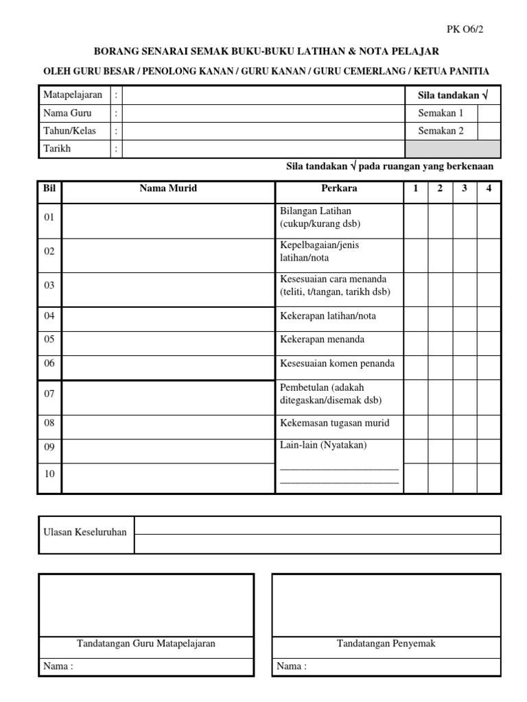 Senarai Semak Buku Latihan Dan Nota Pelajar | PDF