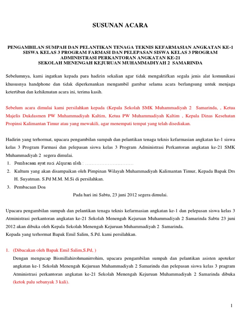 SUSUNAN ACARA Pelantikan AA 2011 SMKM 2 SMD | PDF