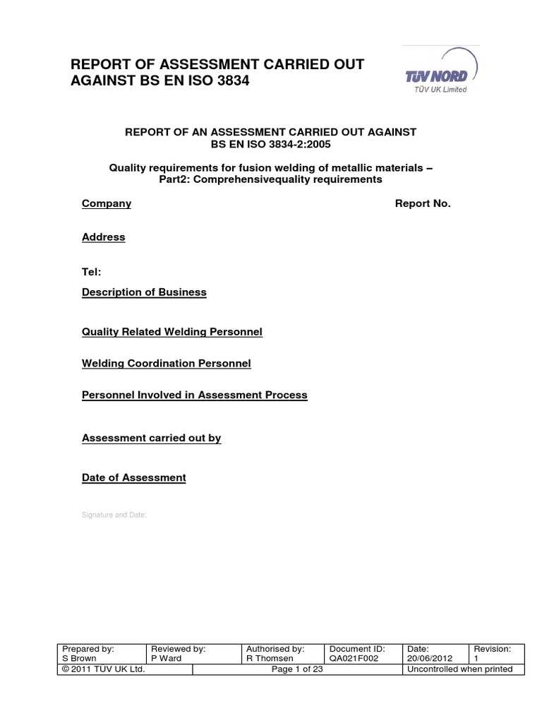 Assessment Procedure Welding Report Form | PDF | Nondestructive Testing ...