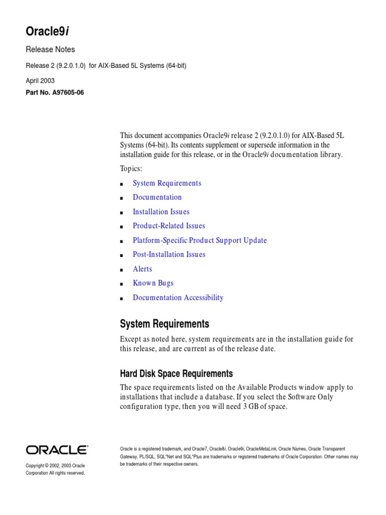 Oracle9i: Release Notes | PDF | Oracle Database | Pl/Sql