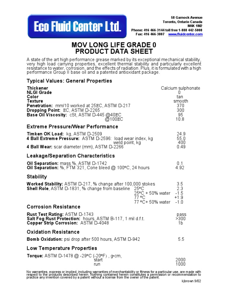 Mov Long Life Grade 0 Product Data Sheet: Typical Values: General ...