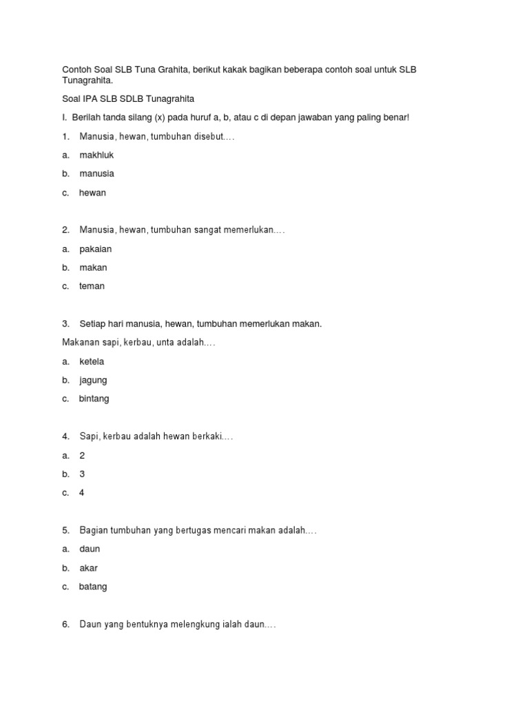 Contoh Soal SLB Tuna Grahita | PDF | Kajian Bahasa Asing | Griya & Taman