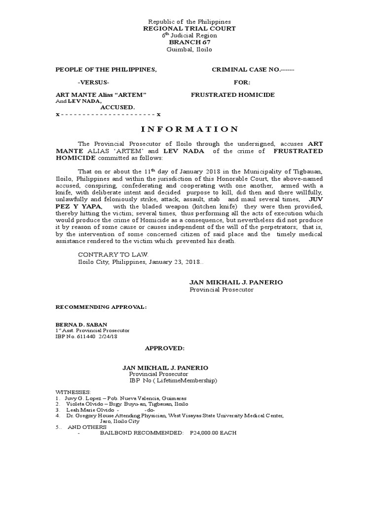 Frustrated Homicide Case in Tigbauan, Iloilo | PDF | Prosecutor ...