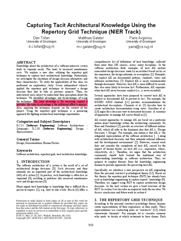 Capturing Tacit Architectural Knowledge Using The Repertory Grid Technique (NIER Track) | PDF ...