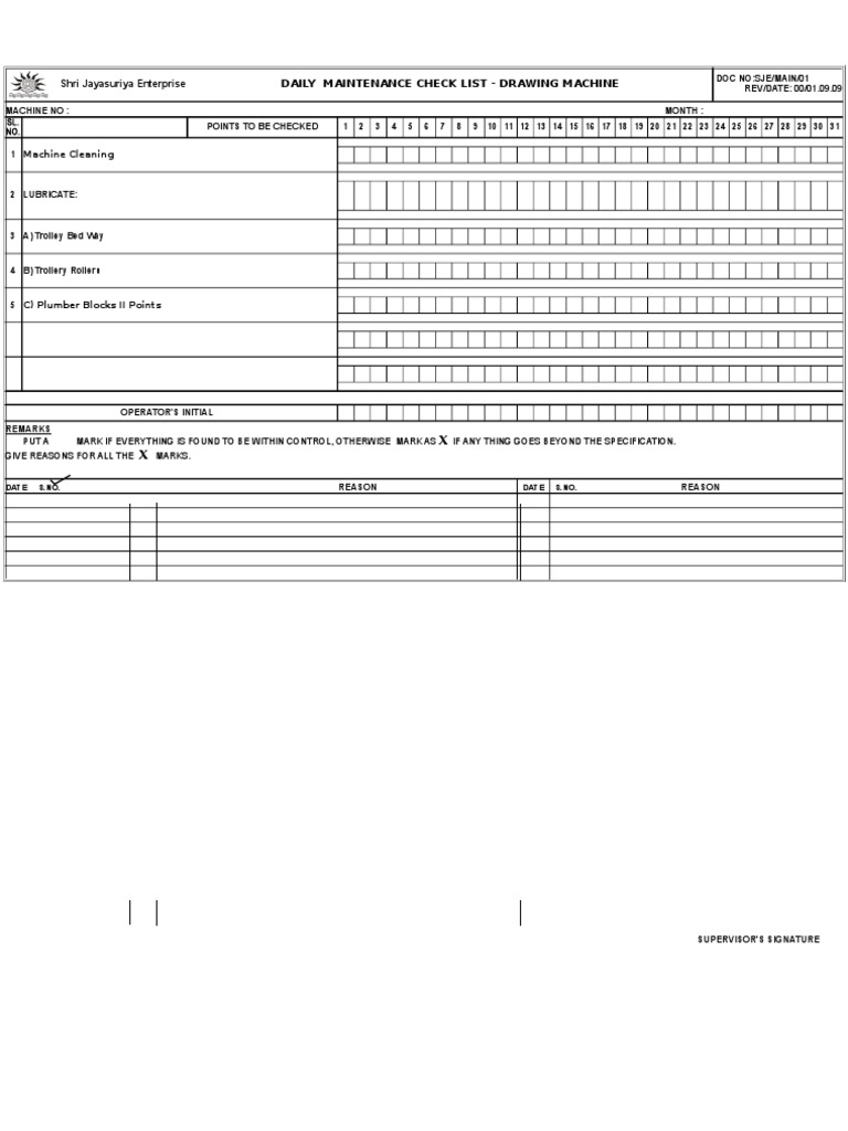 Daily Maintenance Checklist for Machines | PDF | Machines | Mechanical ...