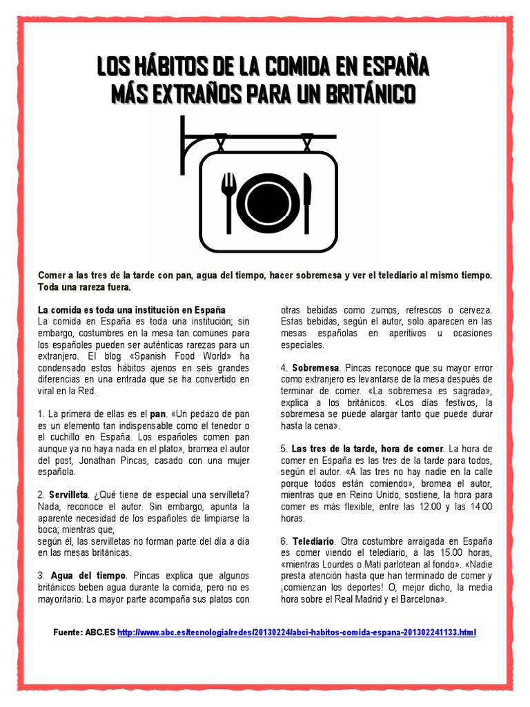 Hábitos de La Comida en España (Lectura+Actividades) PDF | PDF