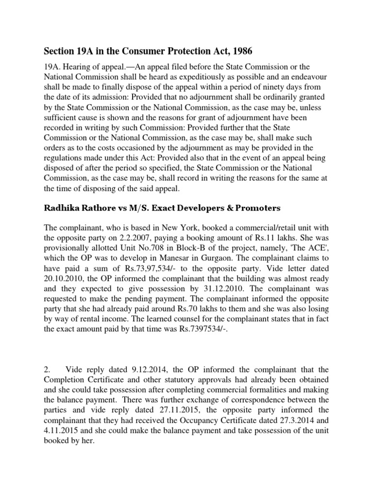 Section 19A in The Consumer Protection Act, 1986: Radhika Rathore Vs M ...