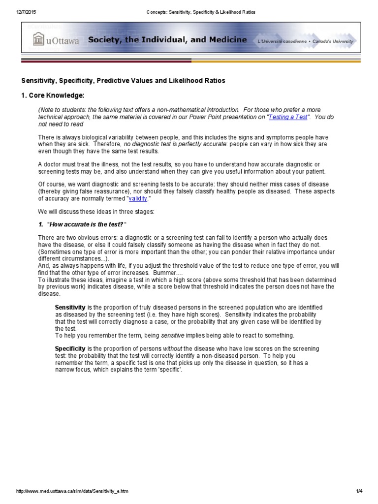 Glossary Concepts - Sensitivity, Specificity & Likelihood Ratios | PDF | Sensitivity And ...