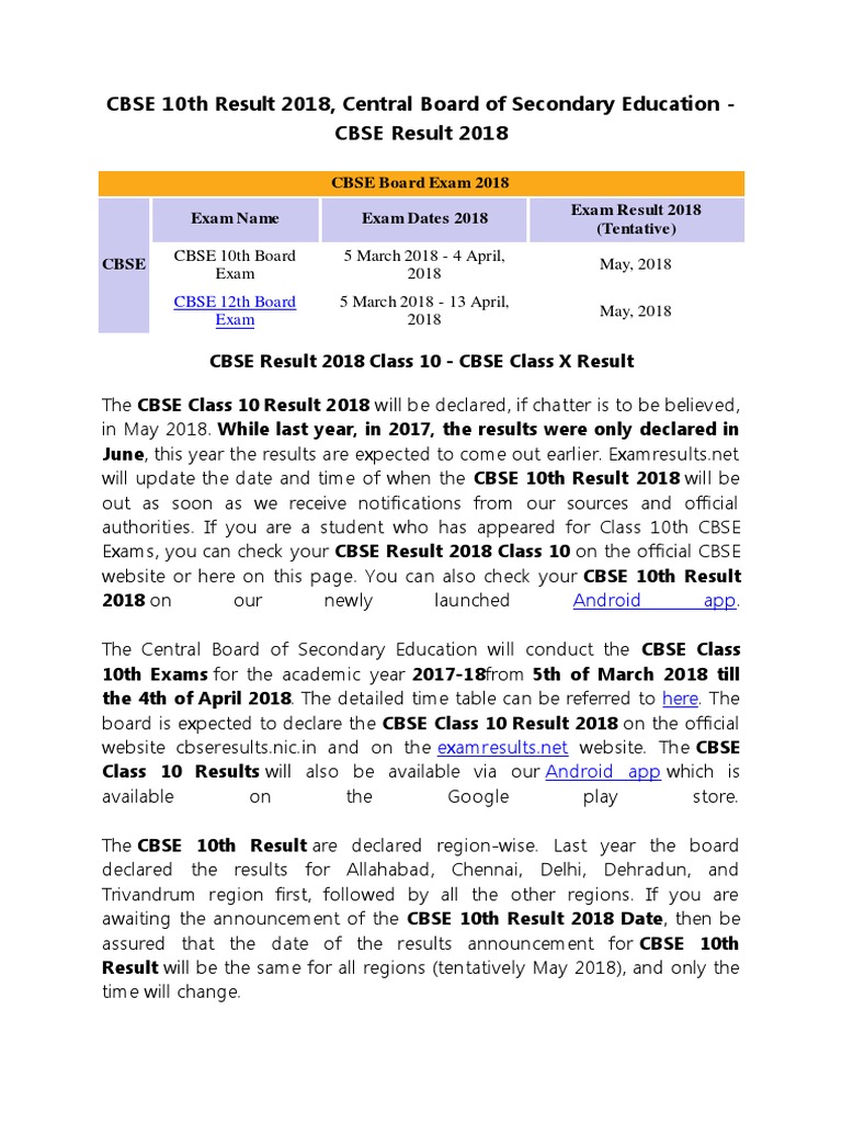 CBSE Class 10 Result 2018 Overview | PDF | Behavior Modification ...