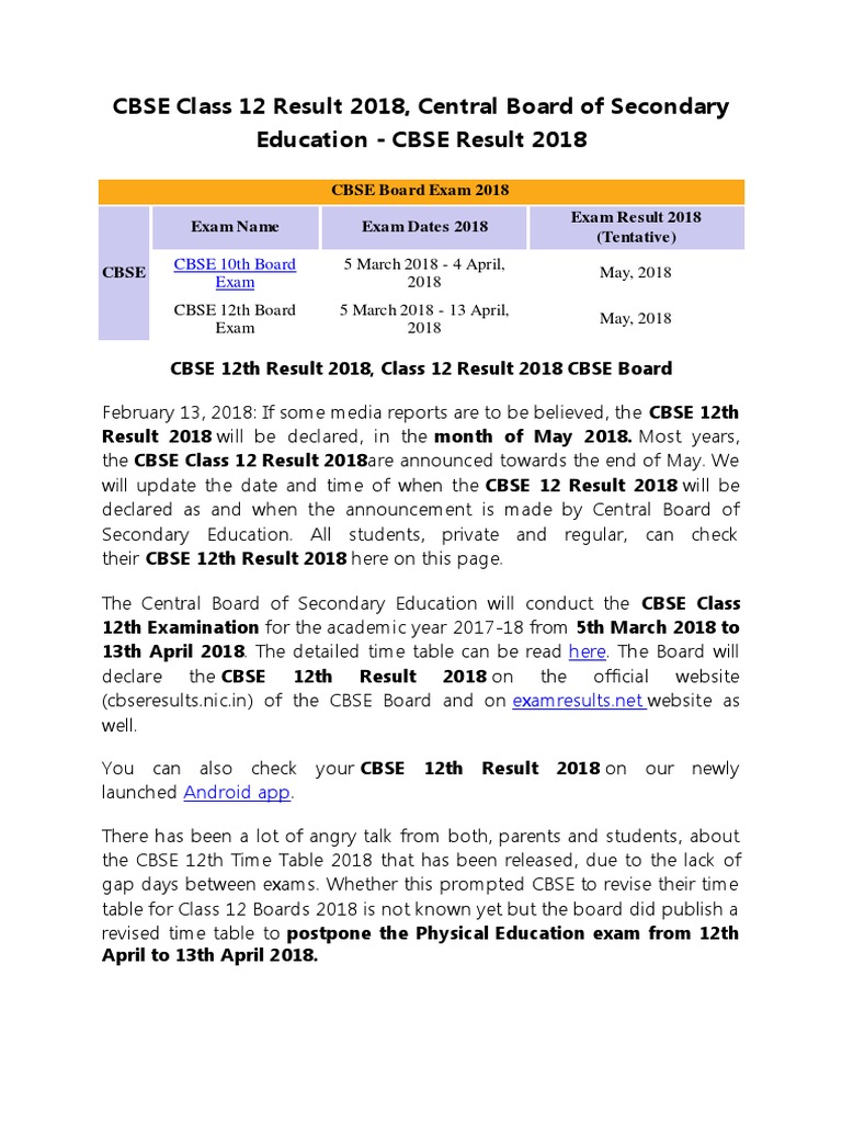 CBSE Class 12 Result 2018, CBSE Result 2018, Cbseresults - Nic.in | PDF ...