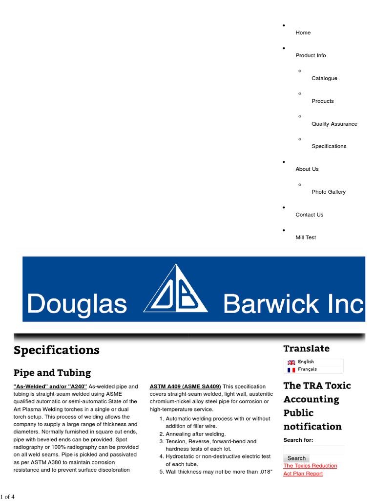 "As-Welded" And/or "A240" As-Welded Pipe and ASTM A409 (ASME SA409 ...
