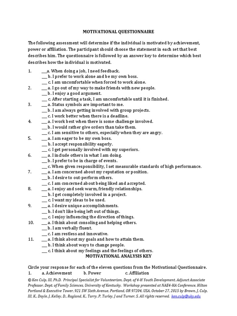 Motivational Questionnaire | PDF | Motivation | Motivational