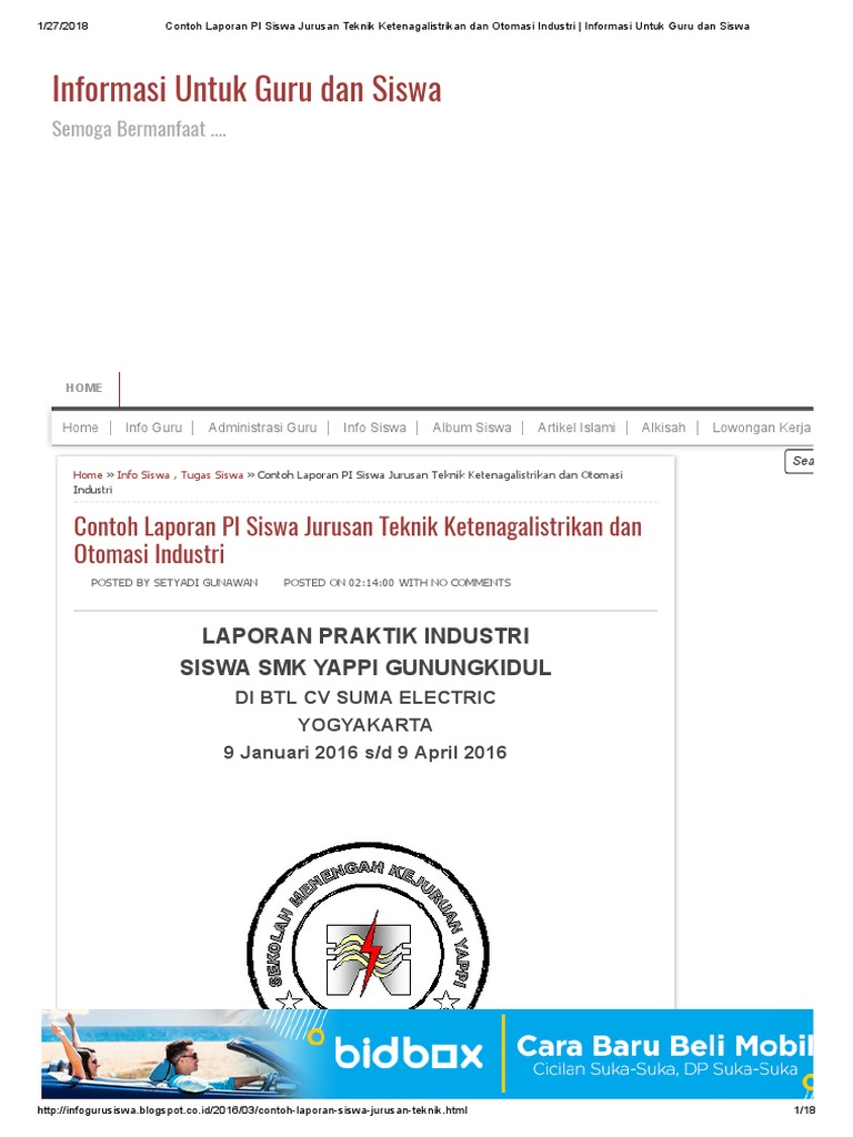 Contoh Laporan PI Siswa Jurusan Teknik Ketenagalistrikan Dan Otomasi Industri - Informasi Untuk ...