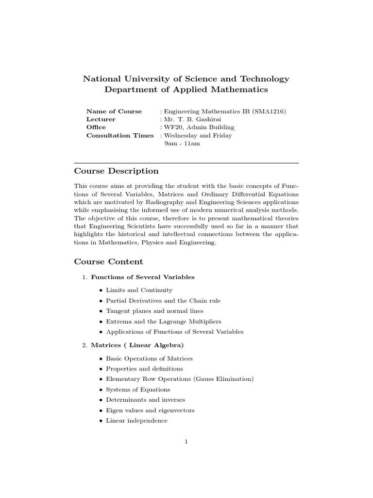 SMA 1216 Course Outline | PDF | Ordinary Differential Equation | Equations