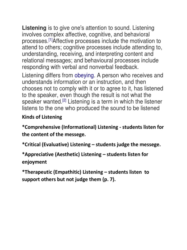 Listening Is To Give One's Attention To Sound. Listening: Obeying | PDF ...