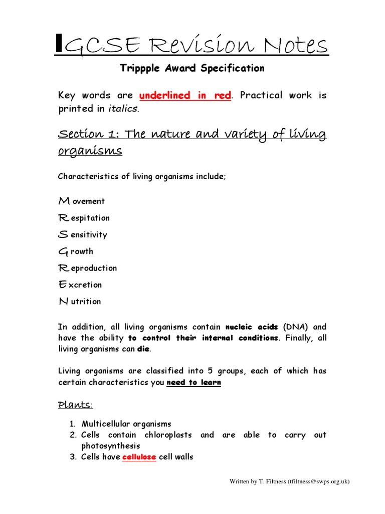IGCSE Revision Notes: Section 1: The Nature and Variety of Living ...