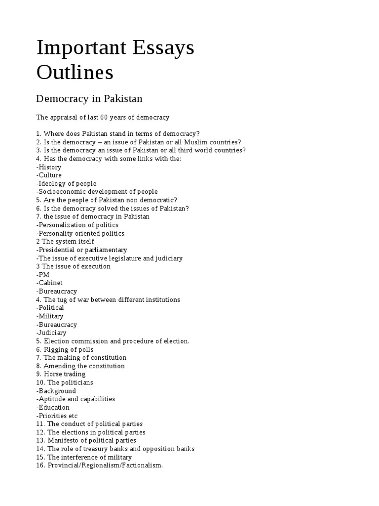 Important Essays Outlines: Democracy in Pakistan | PDF | Good ...