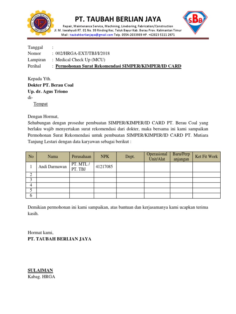 Permohonan Surat Rekomendasi Simper-Kimper-Id Card - MTL | PDF