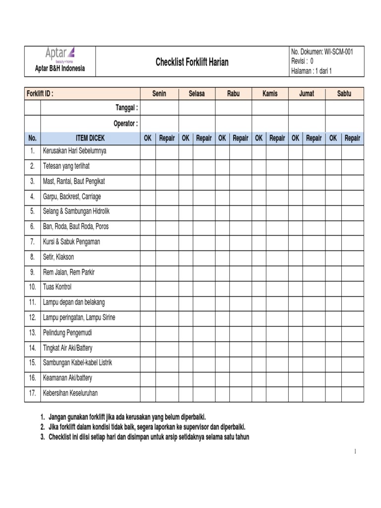 Checklist Forklift | PDF