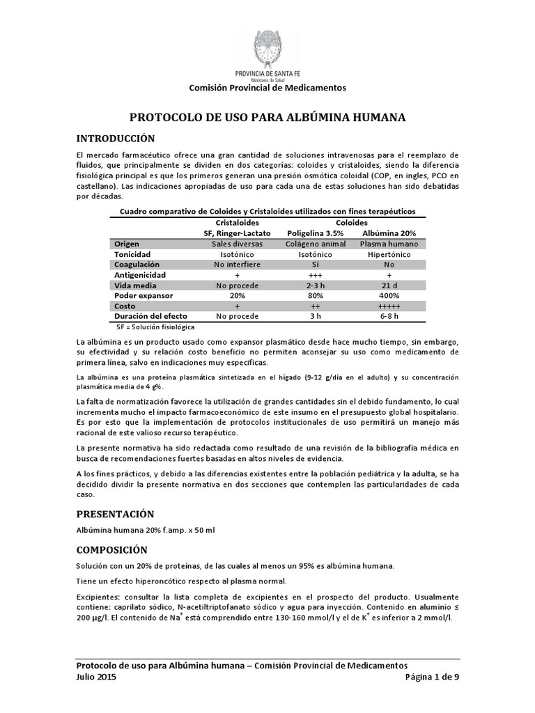 Protocolo Albúmina-1 | PDF | Medicamentos con receta | Edema