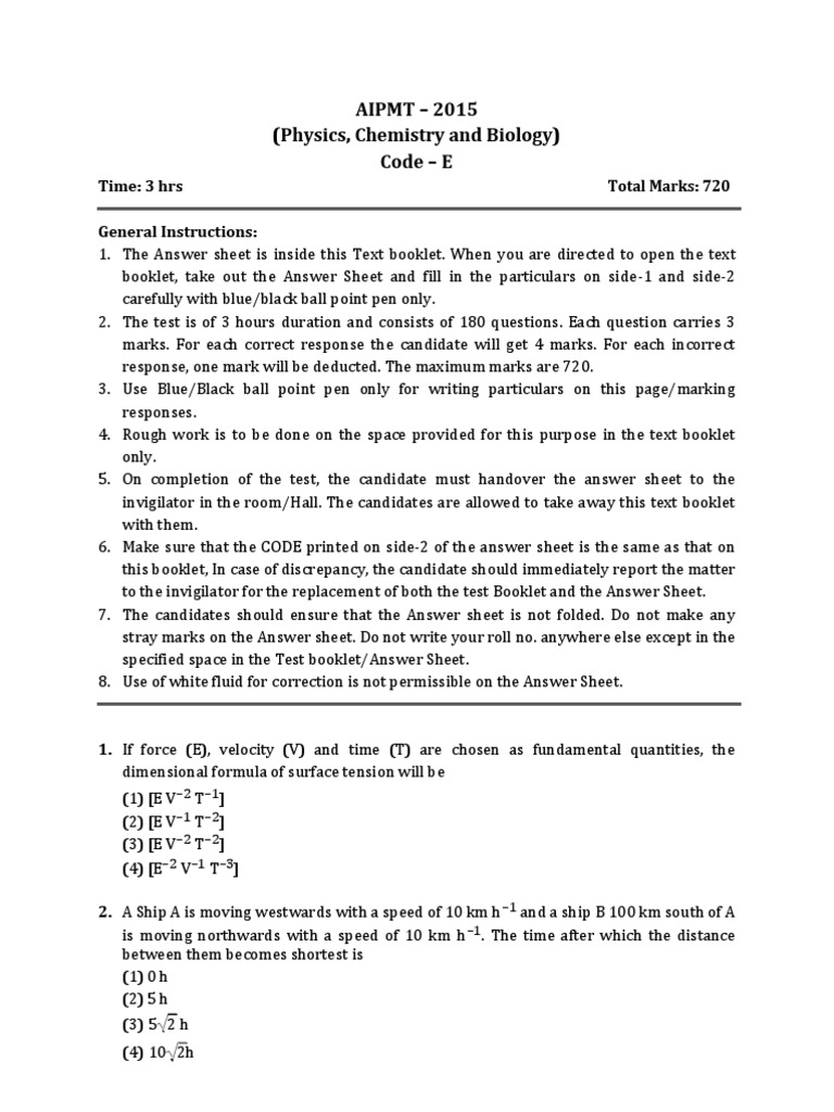 AIPMT - 2015 (Physics, Chemistry and Biology) Code - E: Time: 3 Hrs General Instructions | PDF ...