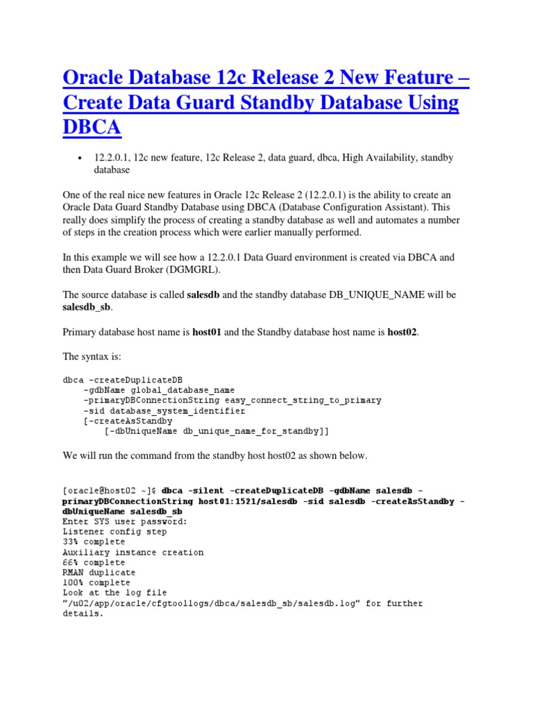 Dataguard - Standby Creation Using DBCA - 12c NewFeature | PDF | Oracle Database | Databases