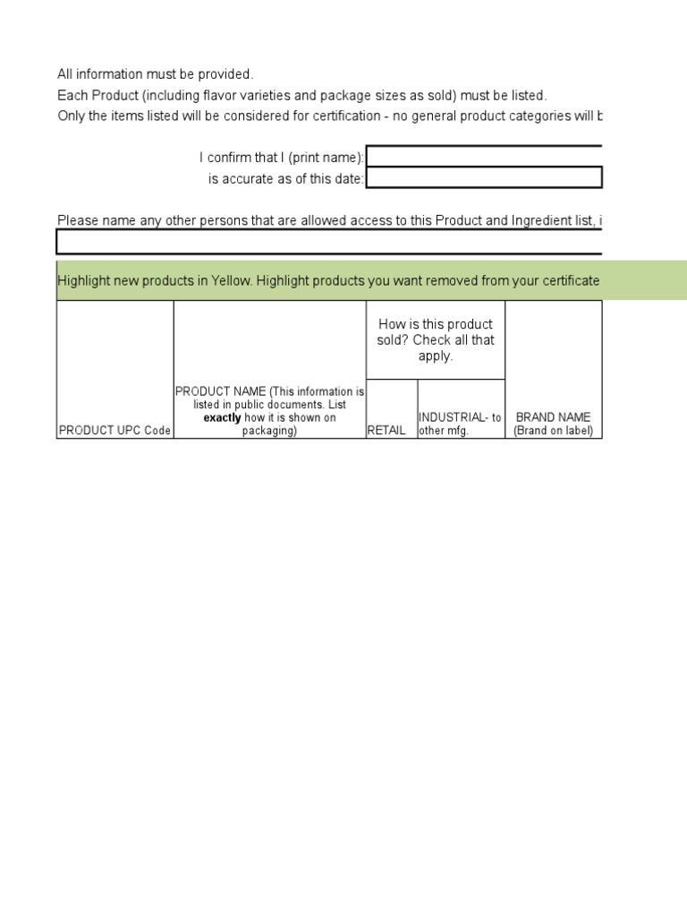 GFCO Product - Ingredient List Template | PDF | Packaging And Labeling ...