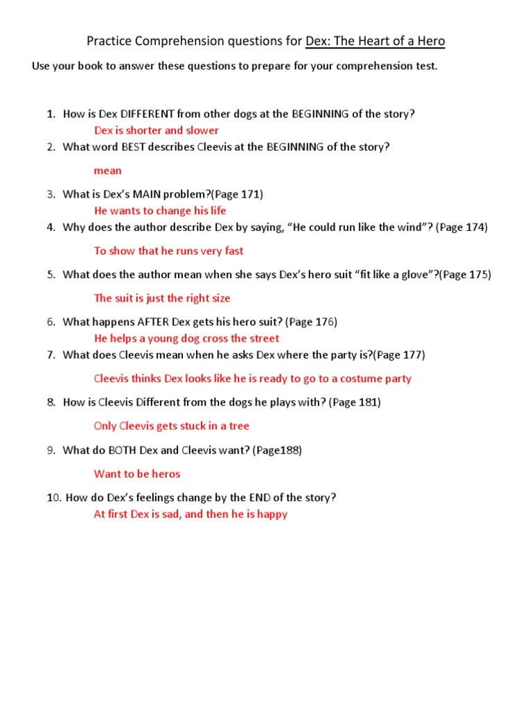 Practice Comprehension Questions For Dex The Heart of A Heroanswers | PDF