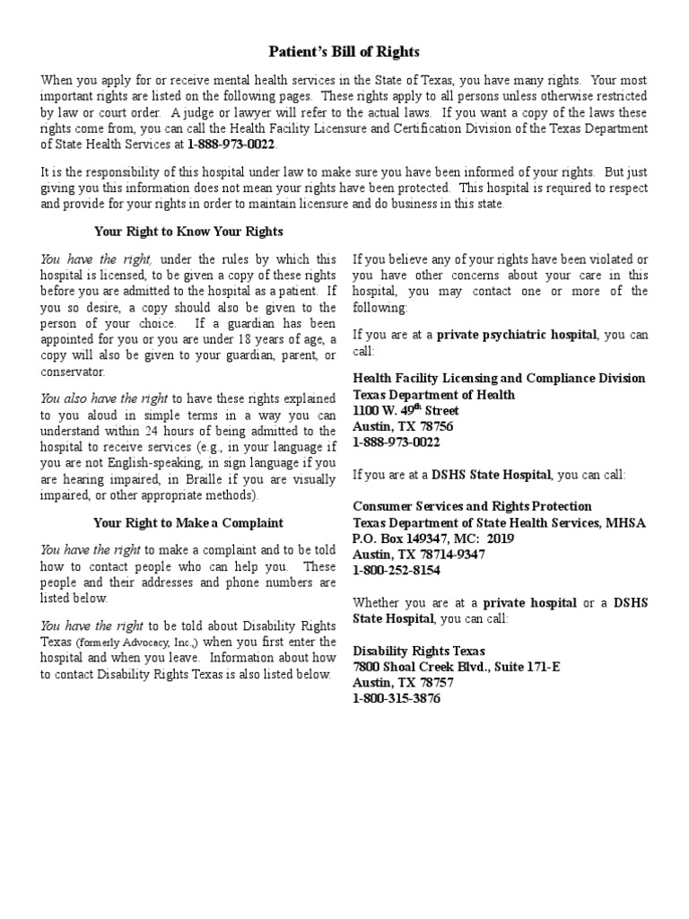 Mental Health Services Patients Bill of Rights - Texas | Health ...