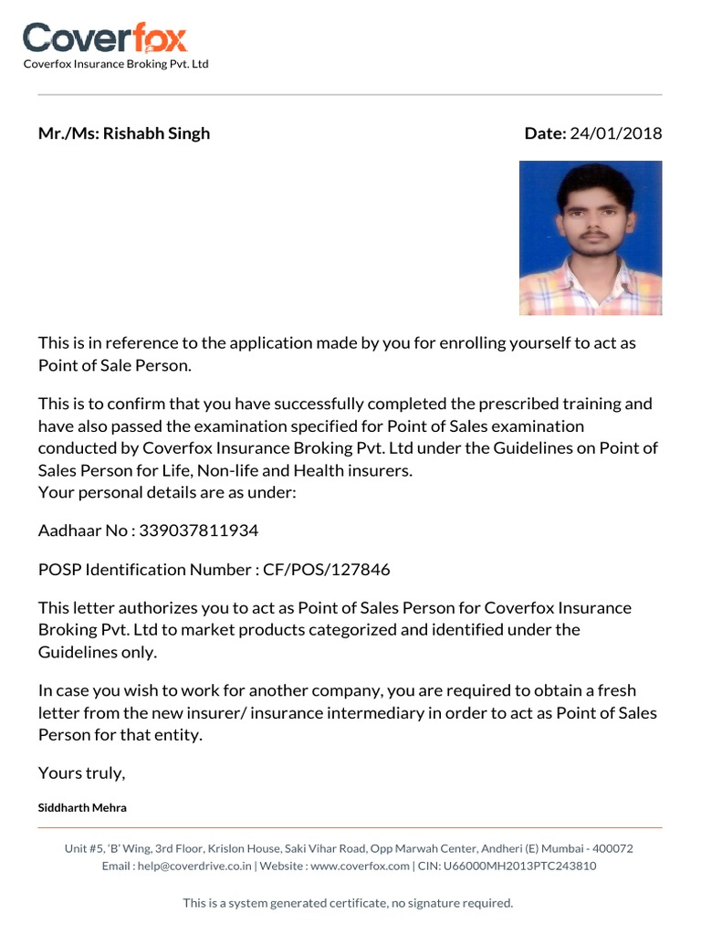 IRDA Certificate Sample | PDF | Business | Finance & Money Management
