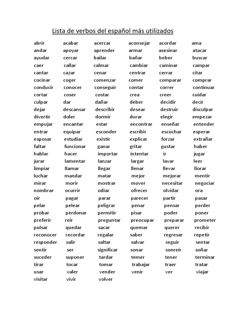 Lista de verbos más usados en español | PDF | Ocio | Entretenimiento ...