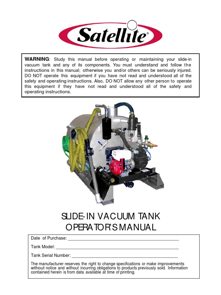 Slide-In Vacuum Tank Operator'S Manual: Warning | PDF | Truck | Pump