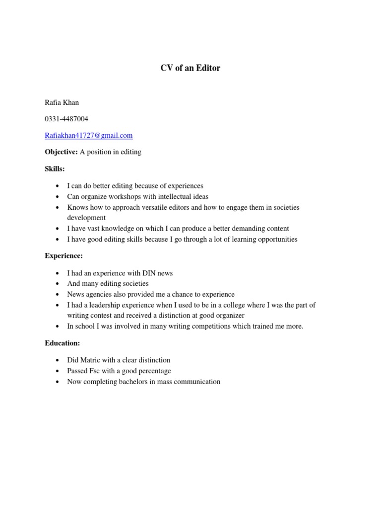 CV of An Editor: Objective: A Position in Editing Skills | PDF