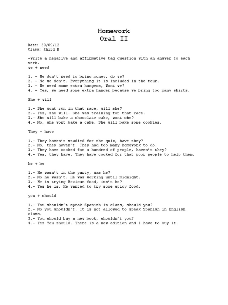 Practicing Tag Questions: A Homework Assignment on Affirmative and ...