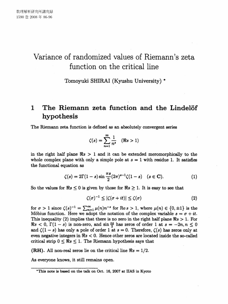 Variance Of Randomized Of Riemanns Zeta Function The Values Critical Line Pdf Stochastic