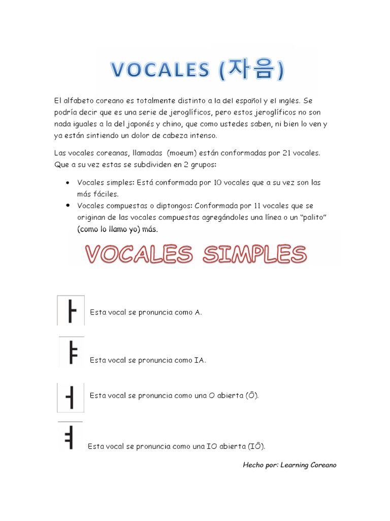 Vocales del Alfabeto Coreano | PDF