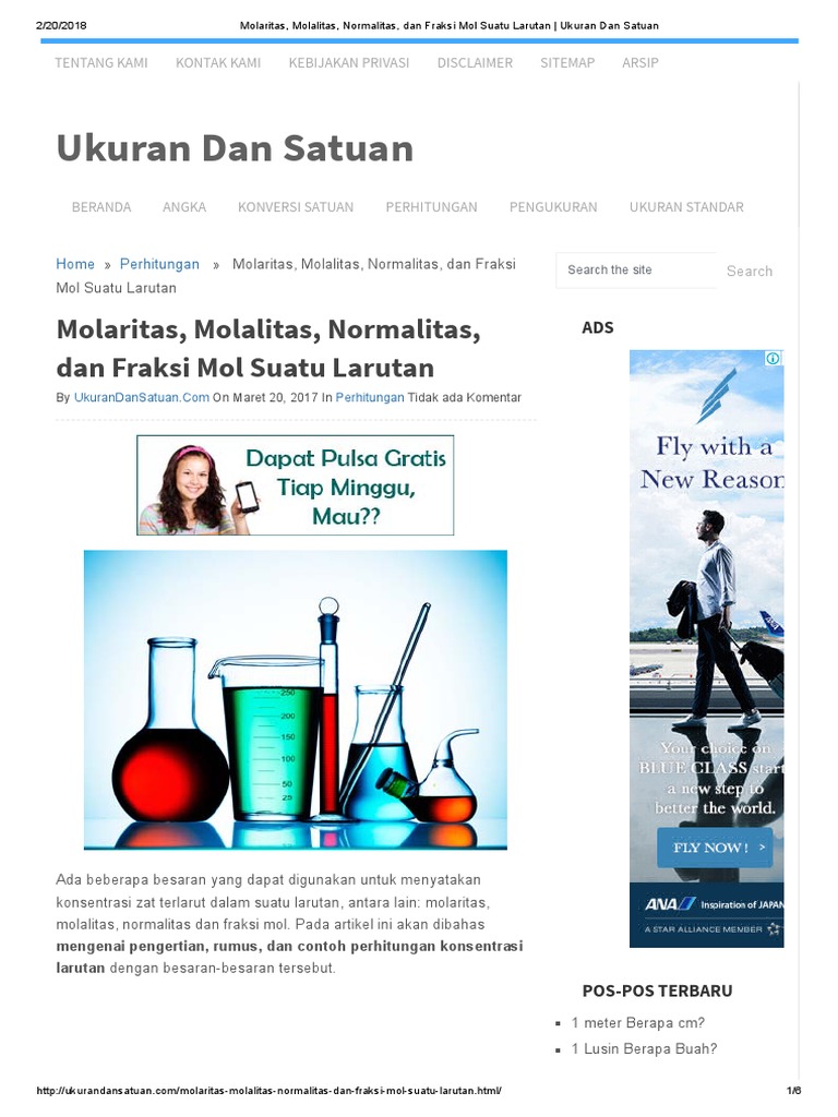 Molaritas Molalitas Normalitas Dan Fraksi Mol Suatu Larutan Ukuran Dan Satuan Pdf