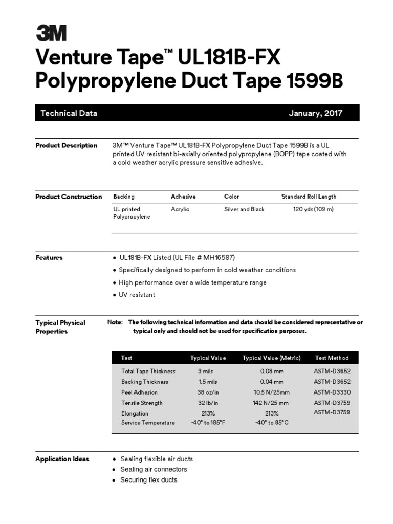 3M Venture Tape 1599B TDS v12-2017 | PDF | Duct (Flow) | Safety