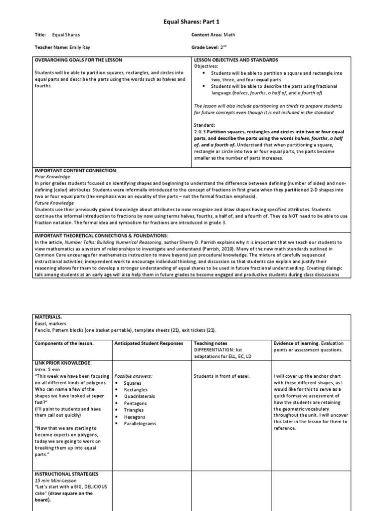 equal parts lesson plan | Rectangle | Educational Assessment