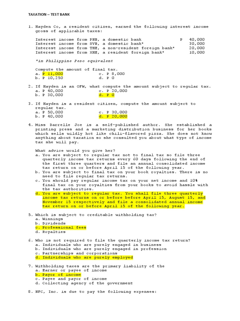 Taxation Test Bank for Income and Withholding | PDF | Tax Deduction ...