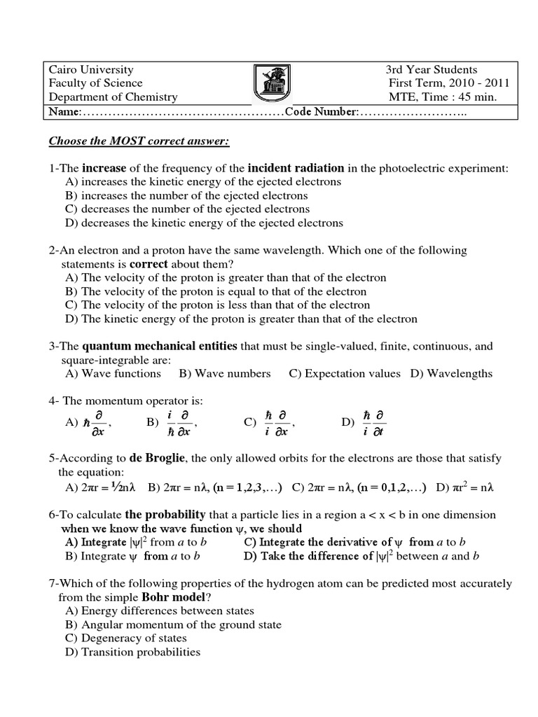 Chemistry Exam Covering Quantum Mechanics, Photoelectric Effect, Bohr ...
