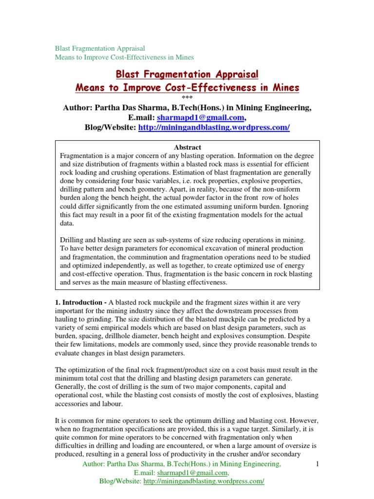 Blast Fragmentation Appraisal - Means To Improve Cost-Effectiveness in ...
