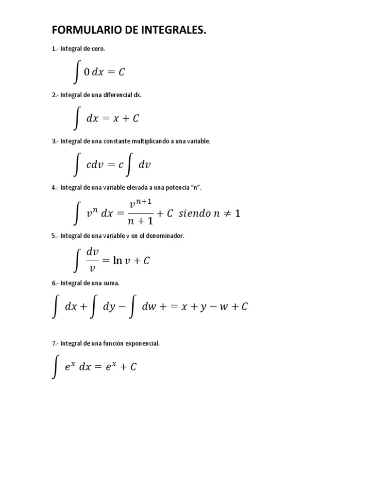 Formulario de Integrales | PDF | Integral | Conceptos matemáticos