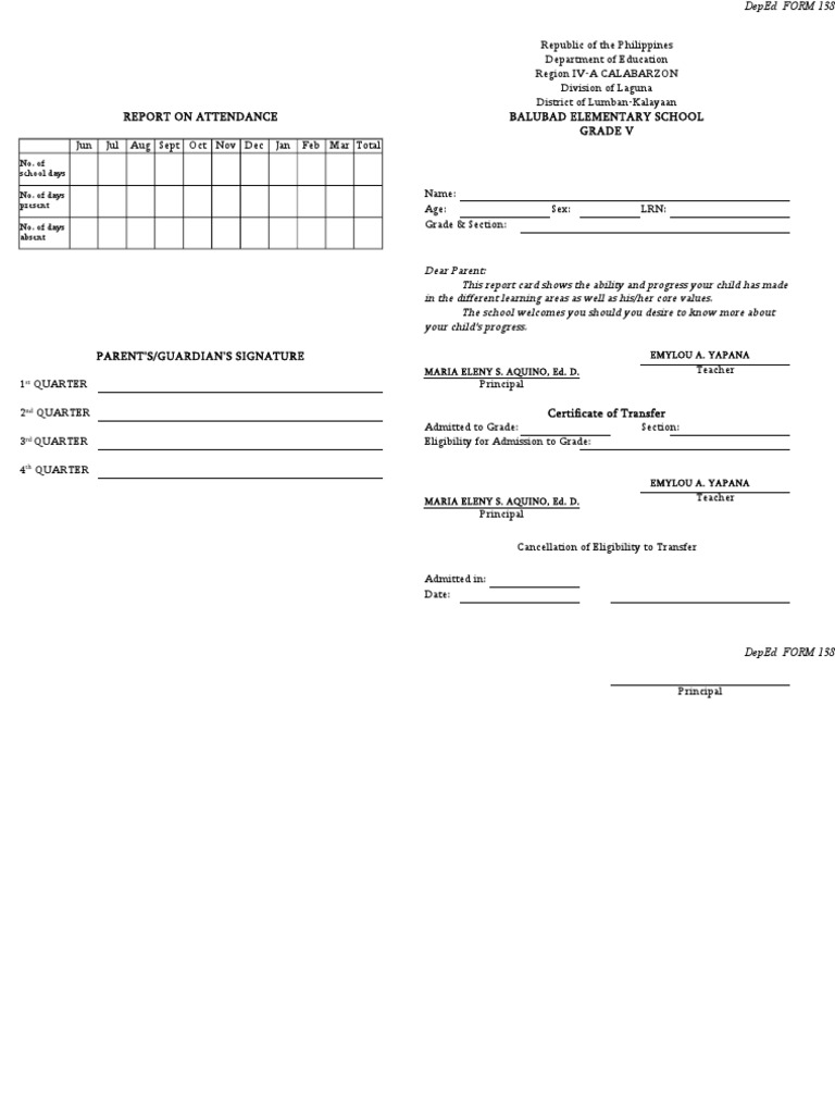 Form 138 Blank. | PDF | Schools | Teachers