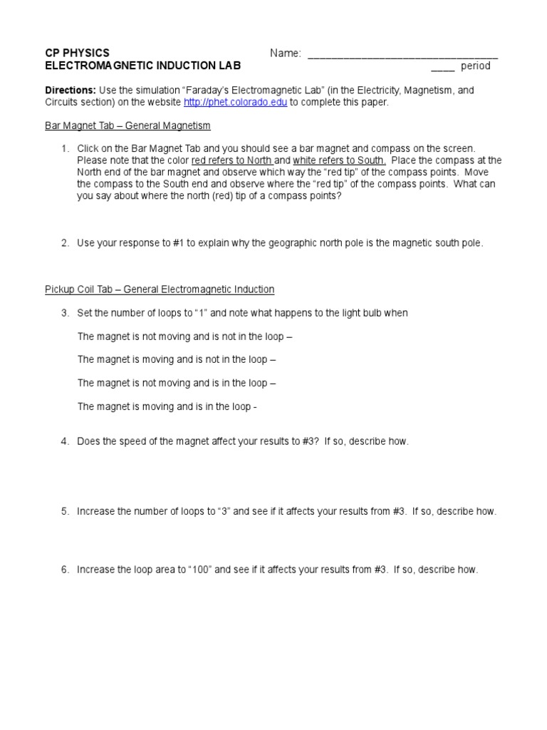 Magnetism Phet Electromagnetic Induction Lab | PDF | Electromagnetic ...