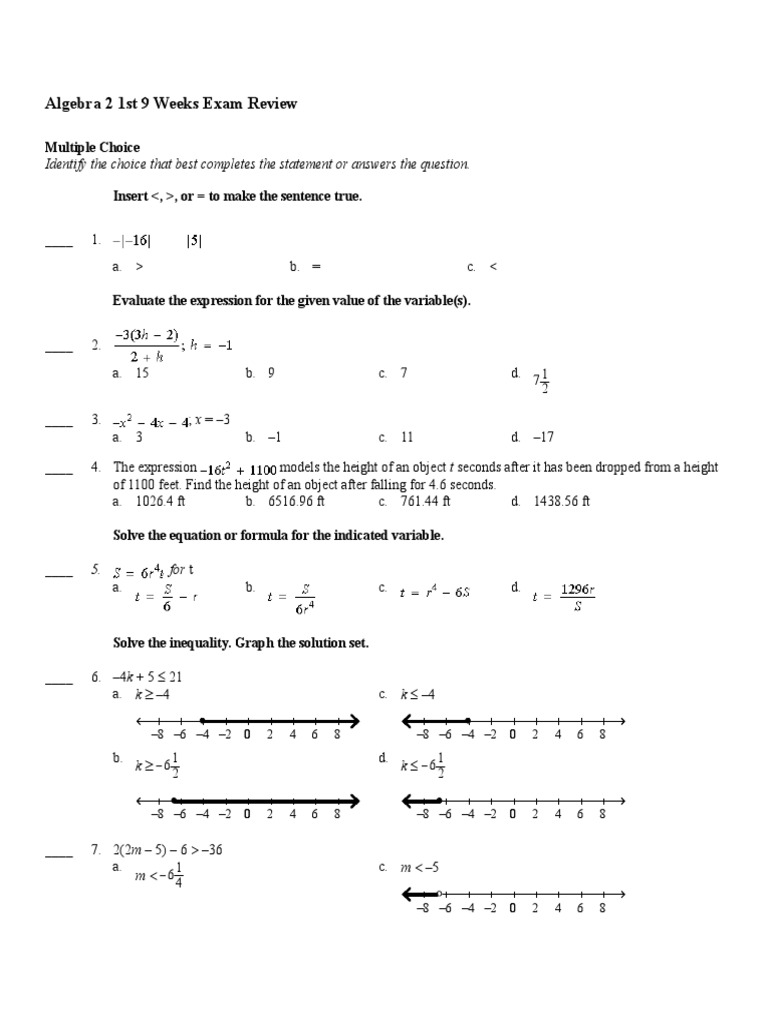 Algebra 2 1st 9 Weeks Exam Review | PDF | Abstract Algebra ...