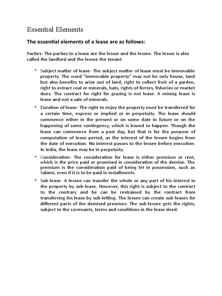 Essential Elements: The Essential Elements of A Lease Are As Follows ...