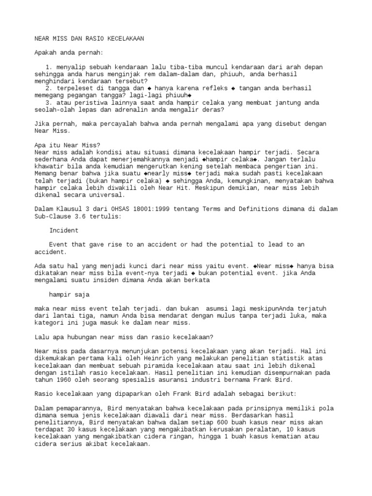 Pengertian dan Contoh Near Miss K3 | PDF